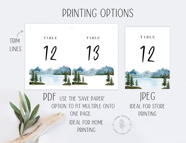 Mountain Wedding Editable Table Numbers Template, Watercolor Lake Table ...