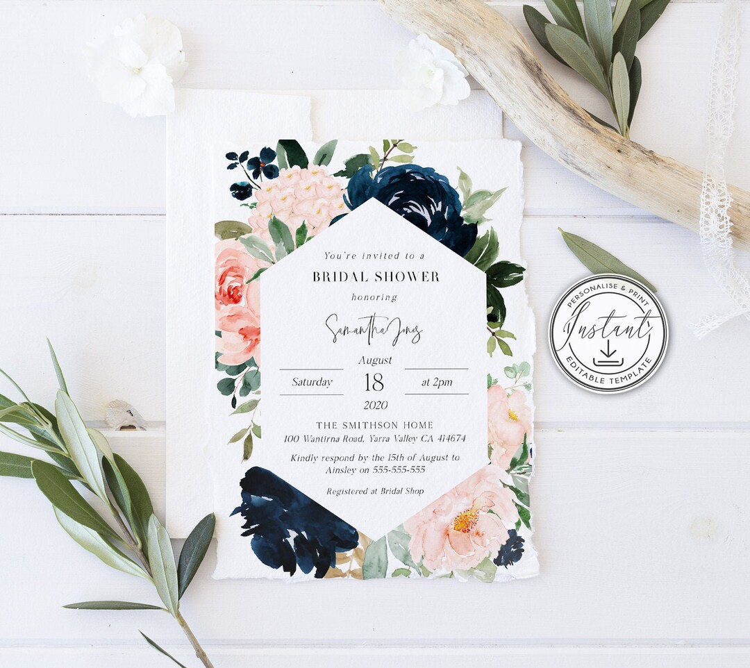 Navy & Blush Bridal Shower Editable Invitation, Rustic Bridal Shower ...