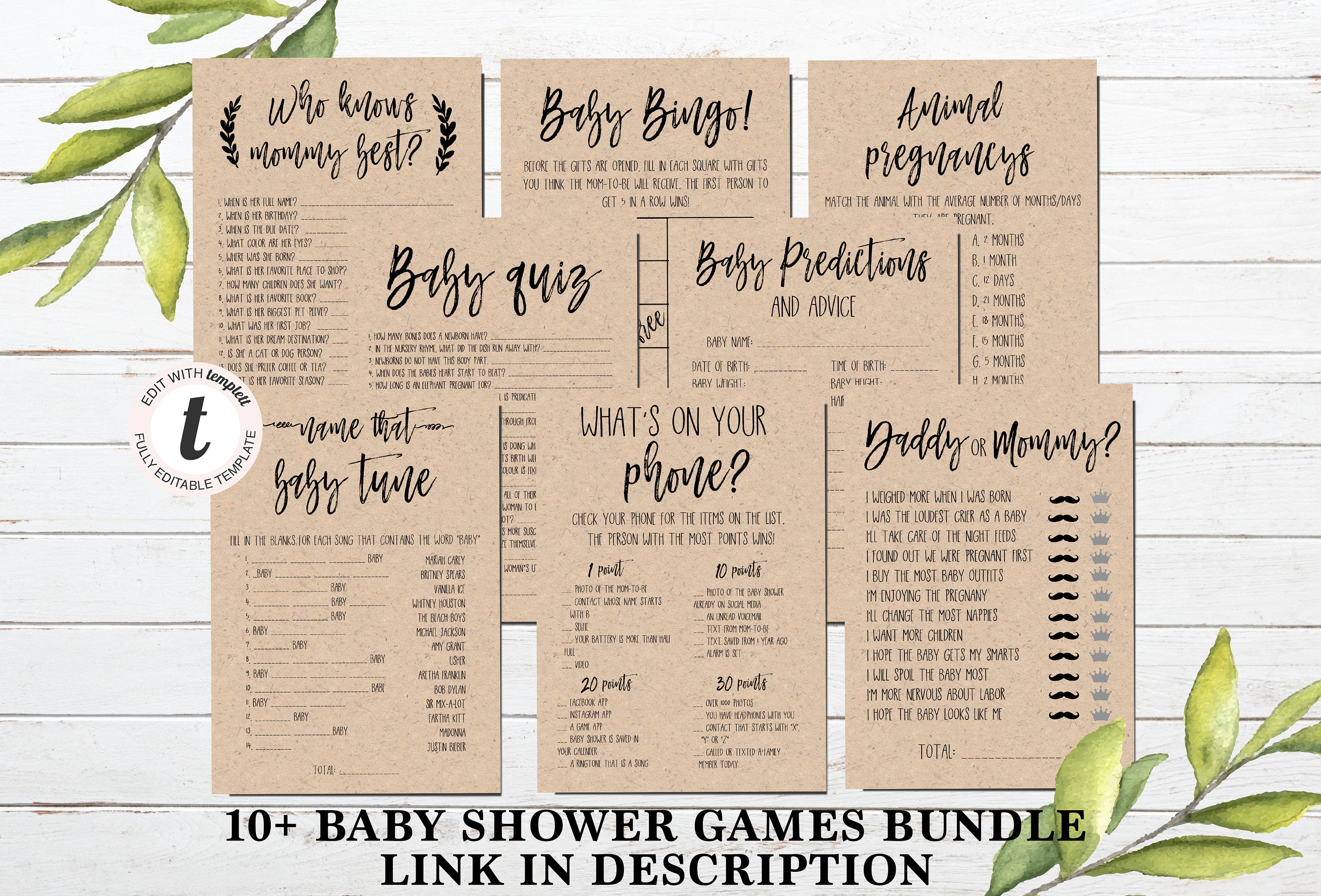Baby Bingo Game Editable Template Baby Shower Game Kraft | Etsy