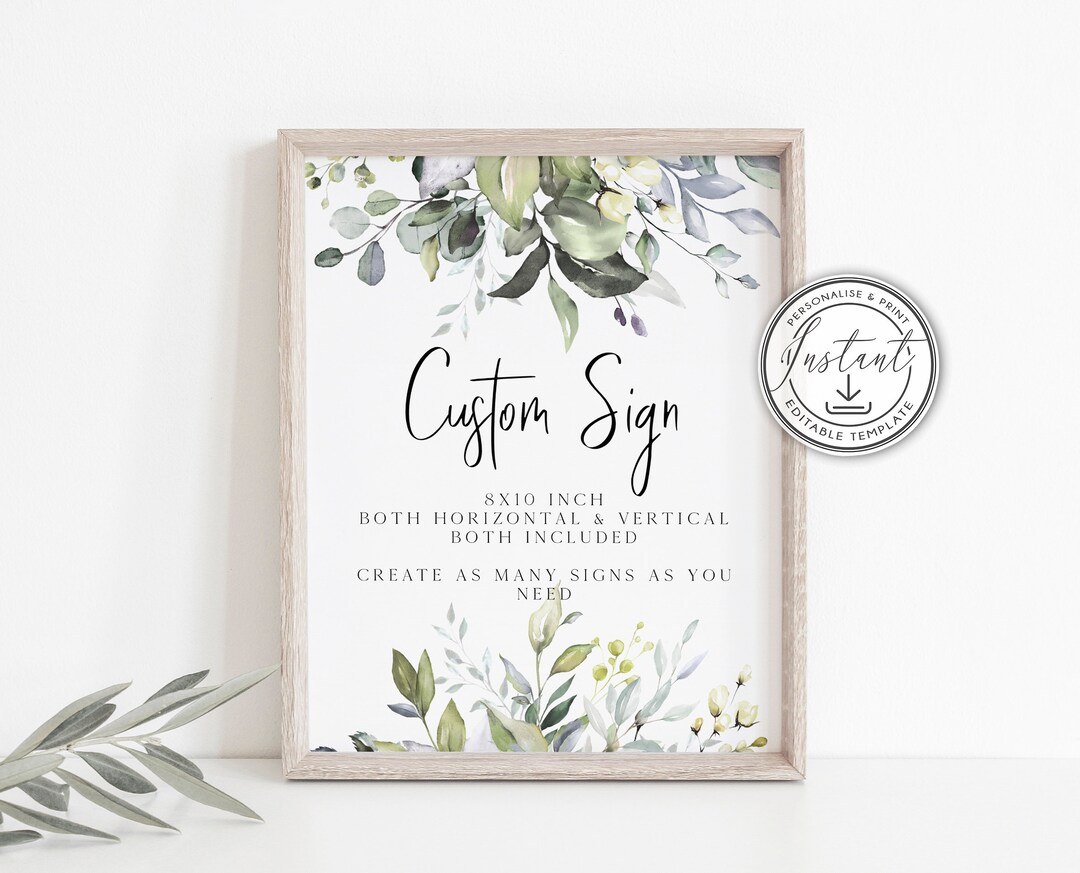 Watercolor Greenery Custom Sign Template, Editable Sign Template ...