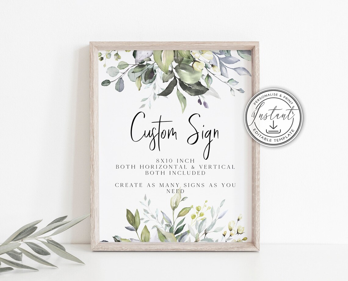 Watercolor Greenery Custom Sign Template Editable Sign - Etsy