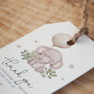 Beige Elephant Gift Tag Template, Balloon Elephant Thank You Favor Tag ...