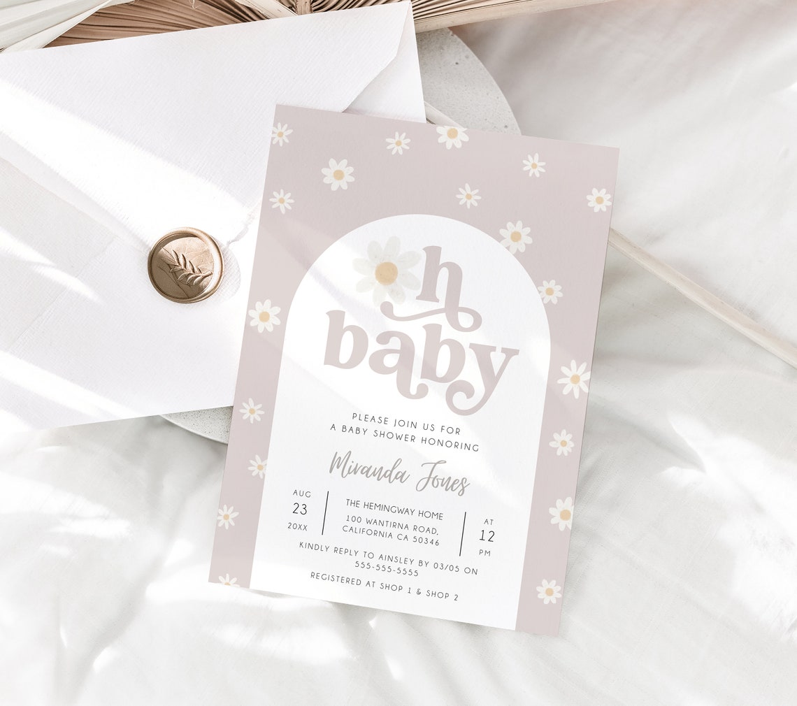 Daisy Baby Shower Invitation Template, Oh Baby Daisy Flower Editable ...