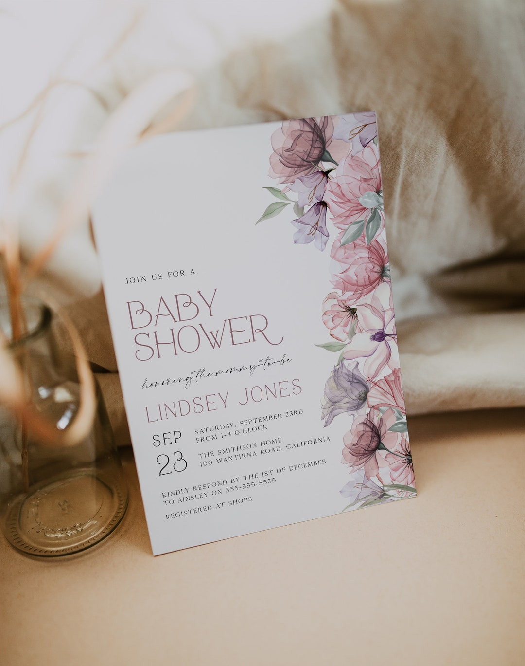 Dusty Pink Baby Shower Invitation Template, Bohemian Baby Shower Invite ...