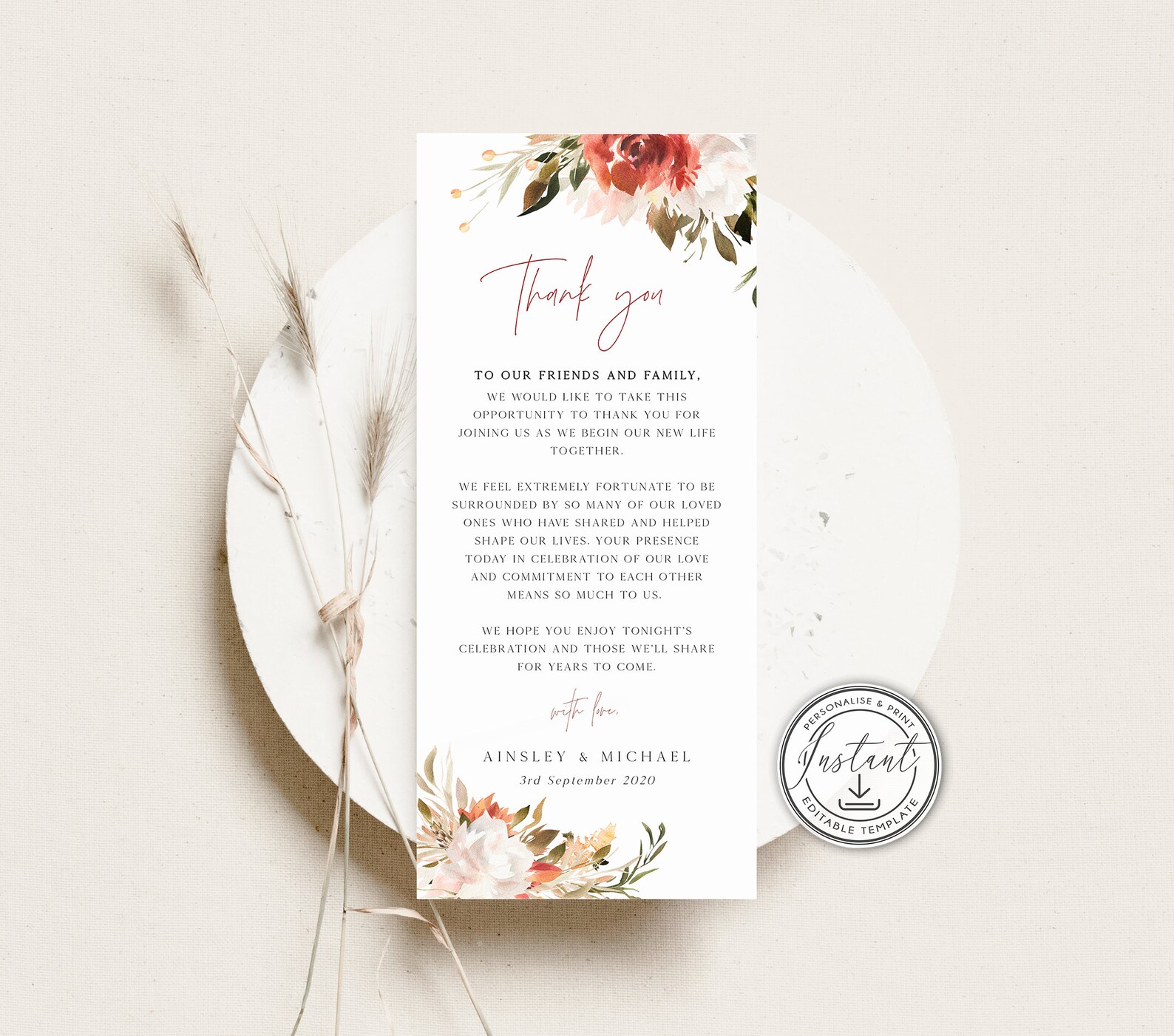 Rustic Fall Wedding Thank You Note Template, Boho Autumn Wedding Place ...