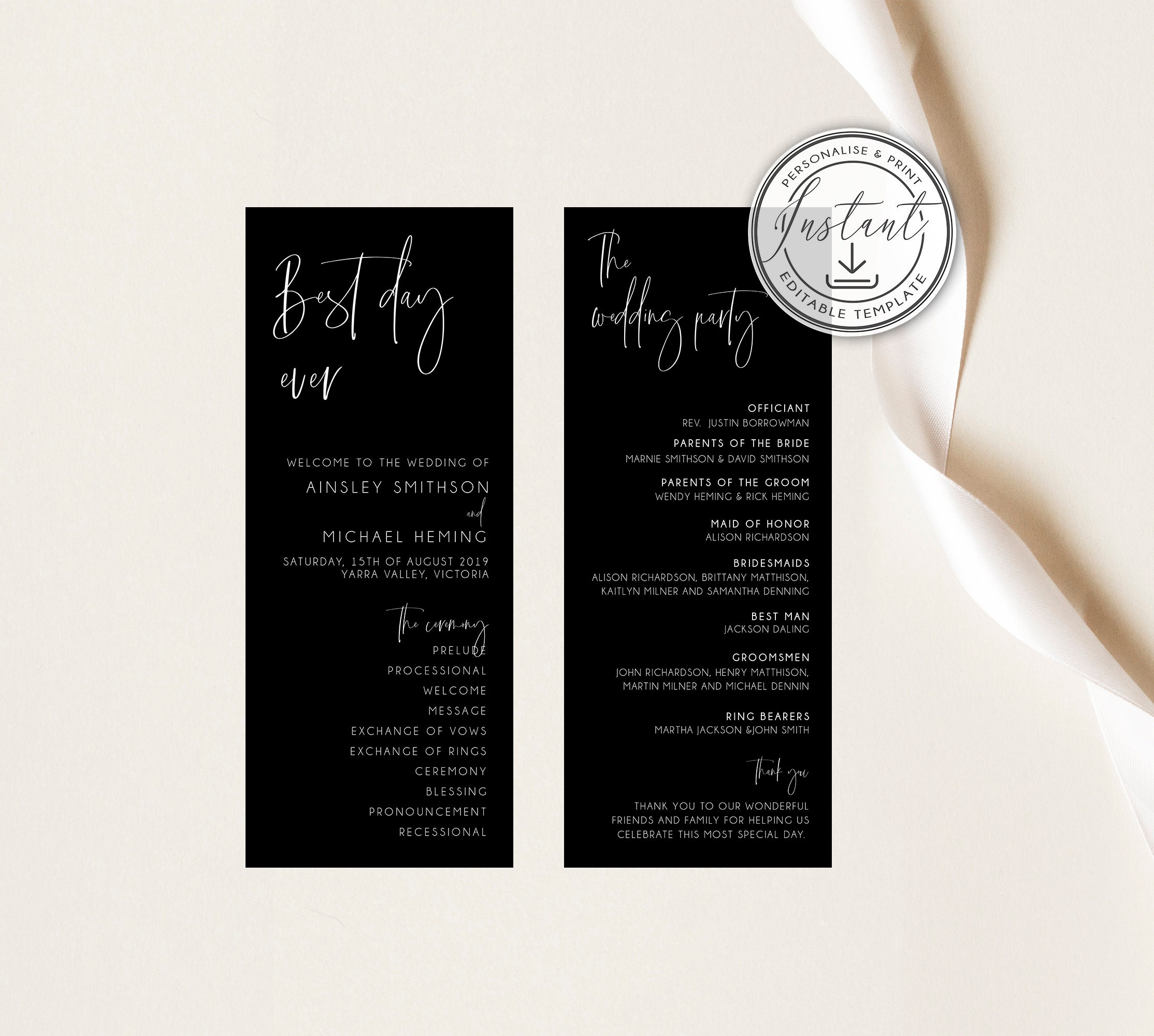 Black Modern Wedding Program Editable Template Minimalist | Etsy