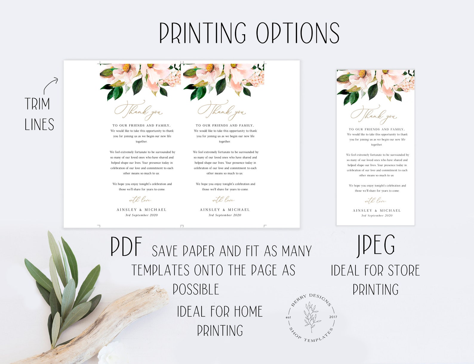 Blush Floral Thank You Wedding Note Template Rustic Wedding - Etsy