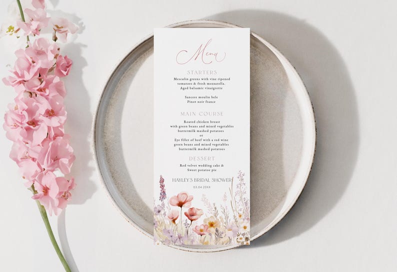 Blush Wildflower Editable Menu Card Template, Watercolor Wildflower ...