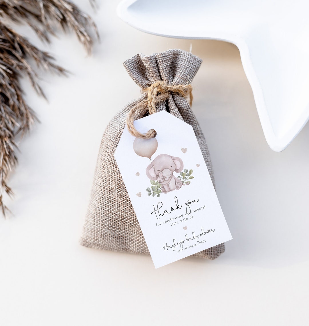 Beige Elephant Gift Tag Template, Balloon Elephant Thank You Favor Tag ...