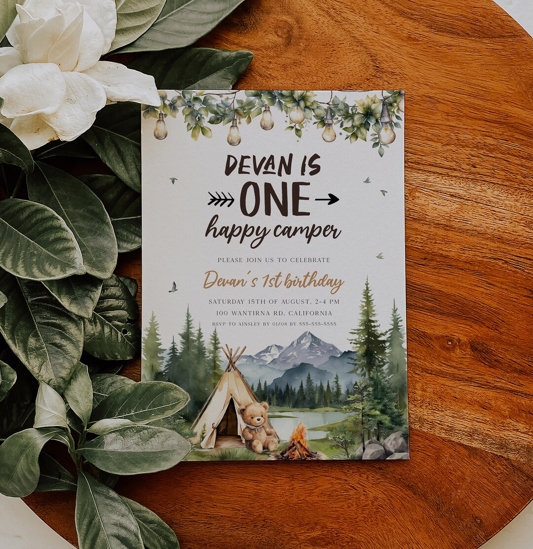 One Happy Camper First Birthday Invitation Template, 1st Birthday ...