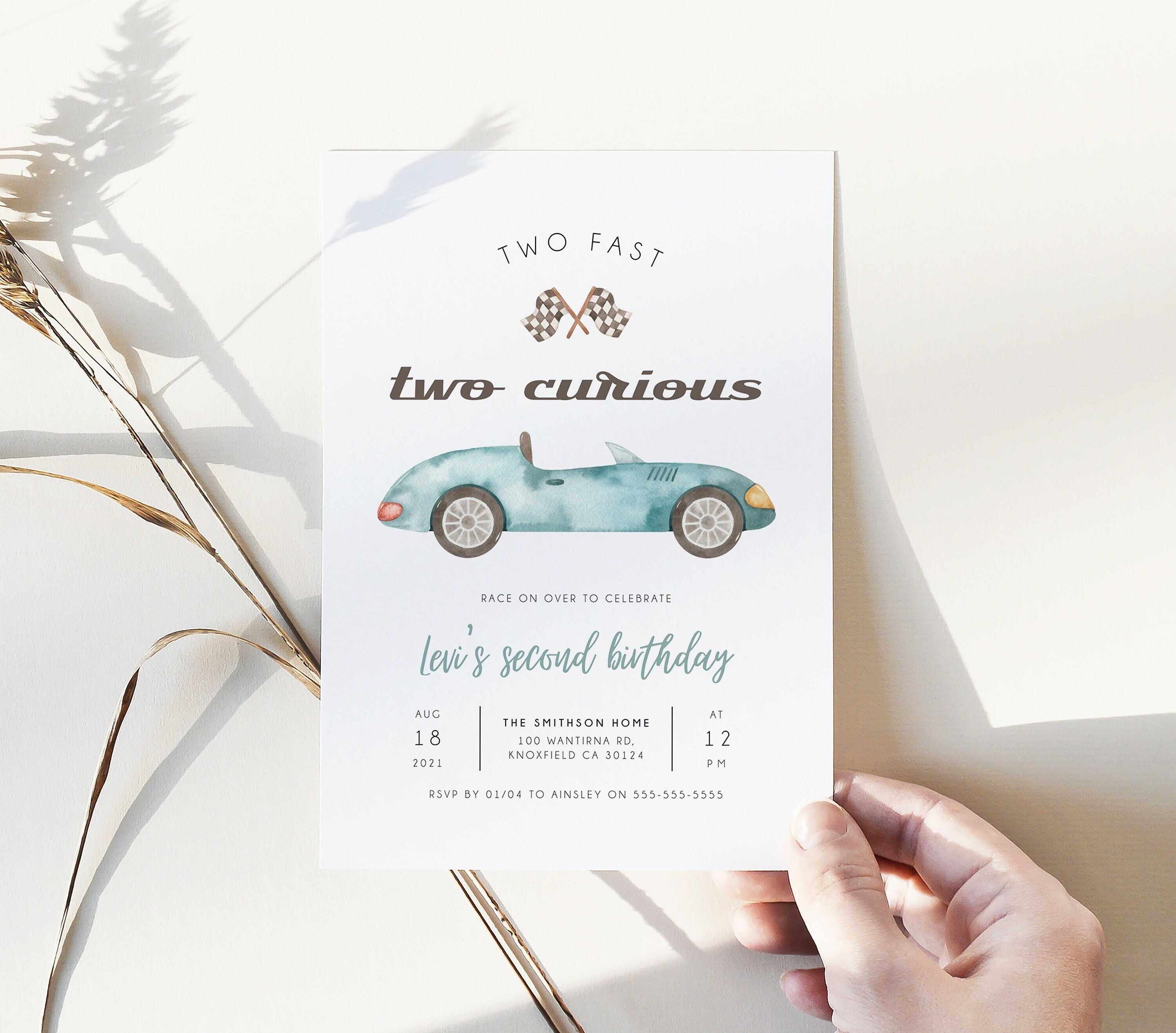 TWO Fast Two Curious Birthday Invitation Editable, Blue Race Car Second ...