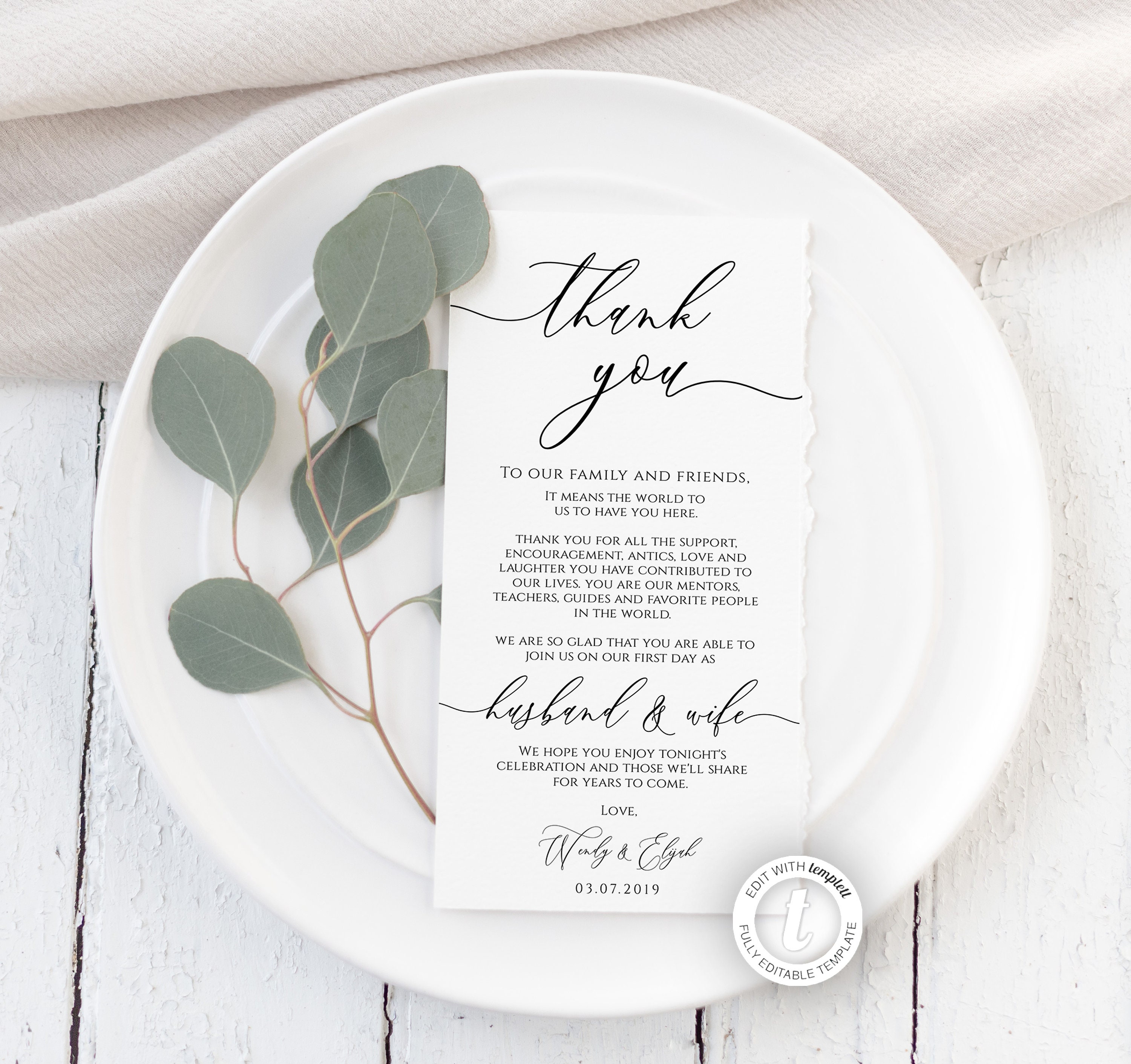 Wedding Thank You Note Template, Rustic, Wedding Place Setting Thank ...