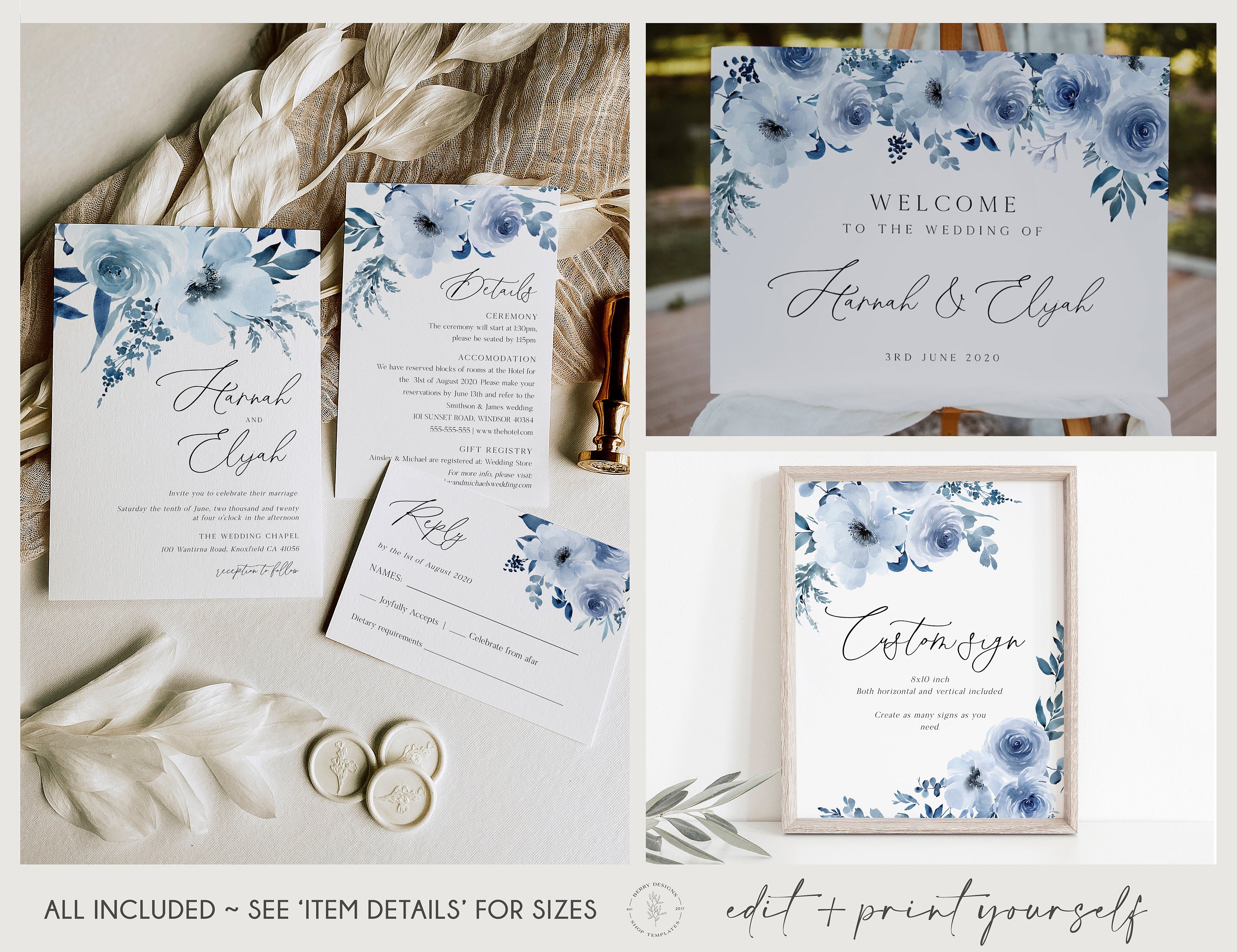 Dusty Blue Wedding Bundle Blue Floral Wedding Template - Etsy