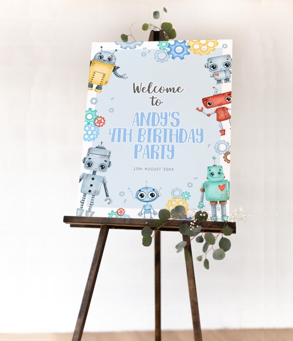 Robot Themed Birthday Welcome Sign Template Robot Birthday | Etsy