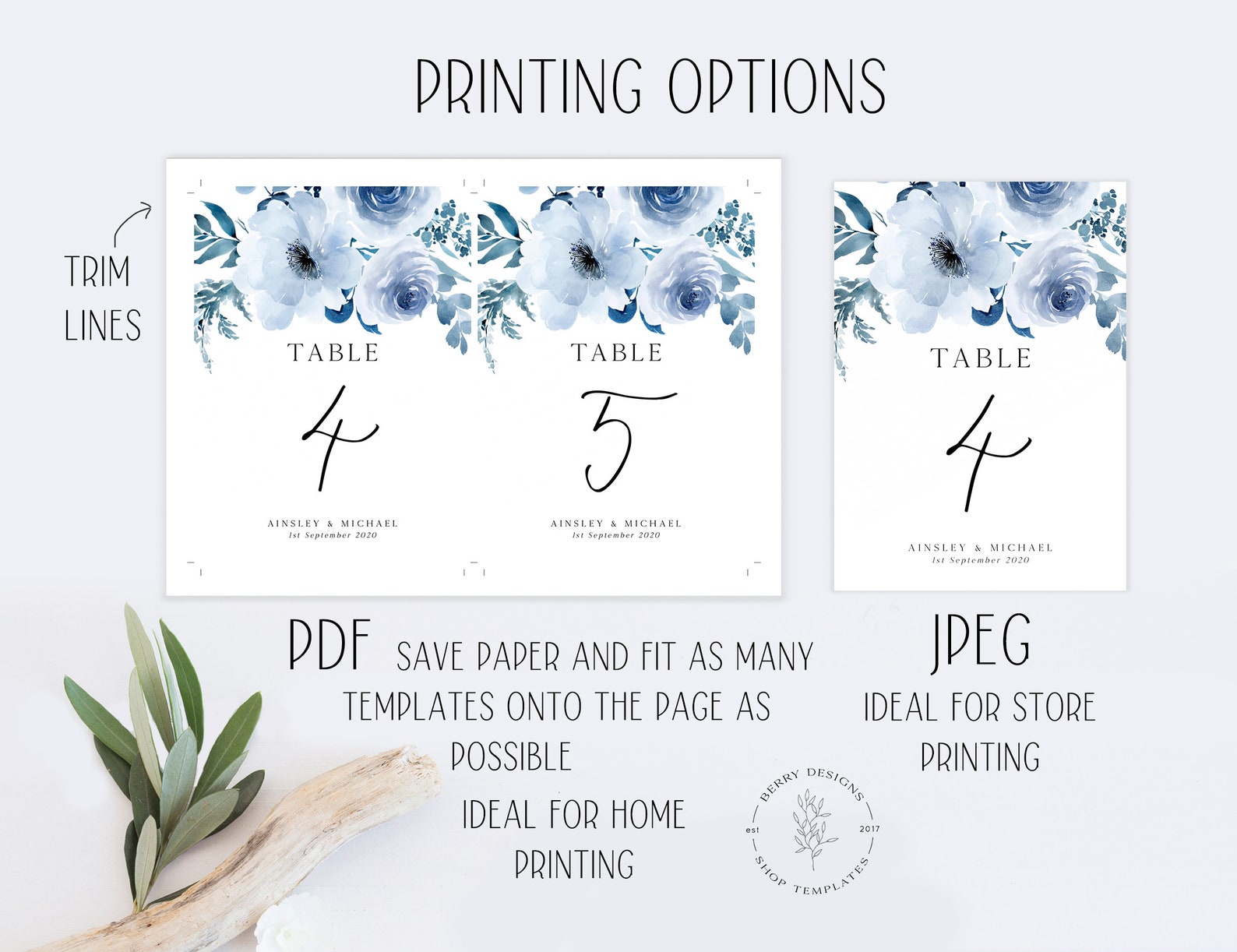 Dusty Blue Table Number Cards Editable Template, Blue Floral Wedding ...