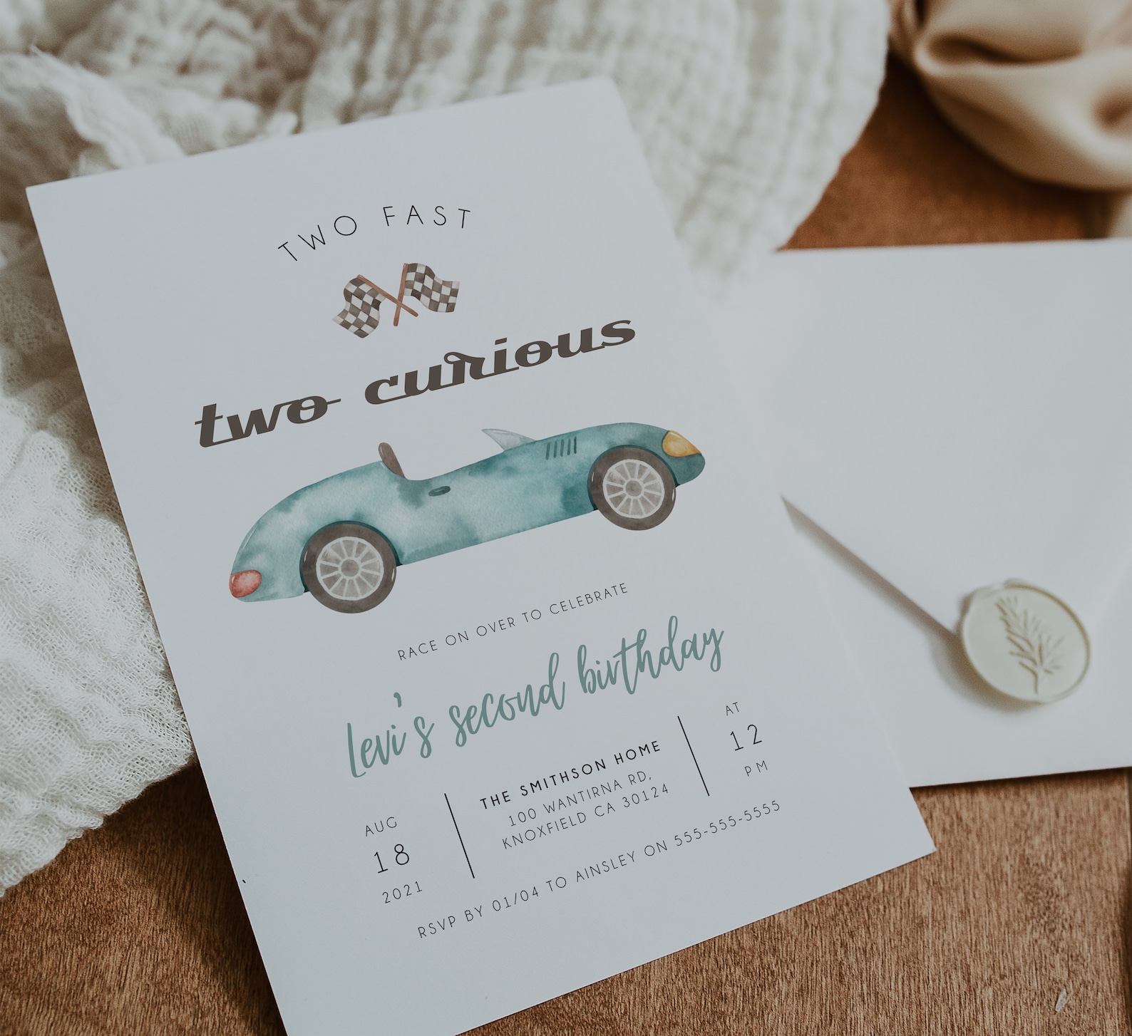 TWO Fast Two Curious Birthday Invitation Editable Blue Race - Etsy