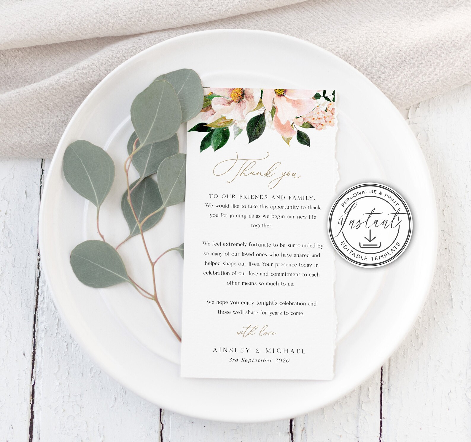 Blush Floral Thank You Wedding Note Template Rustic Wedding - Etsy