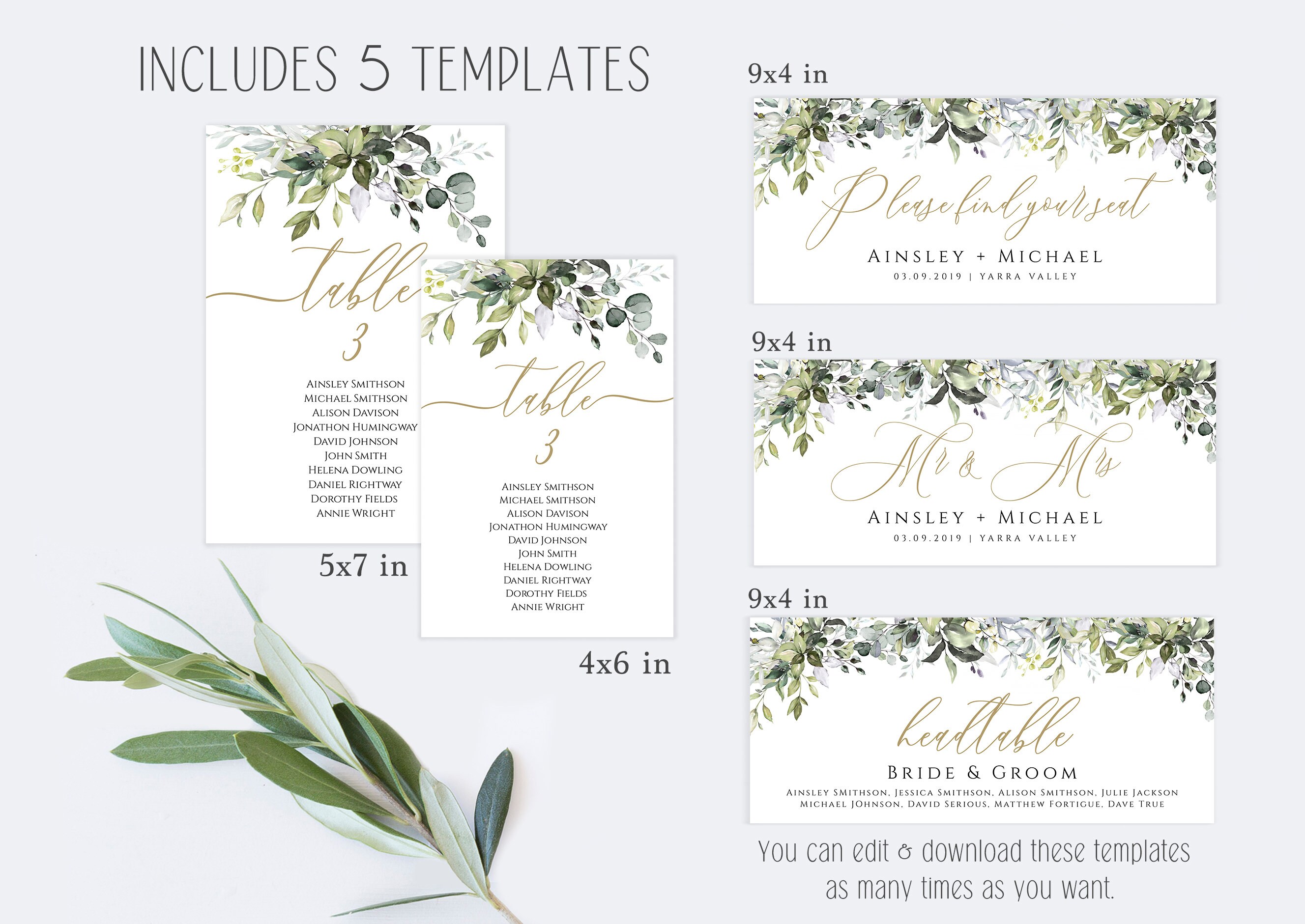Rustic Seating Chart Template Greenery Editable Hanging - Etsy