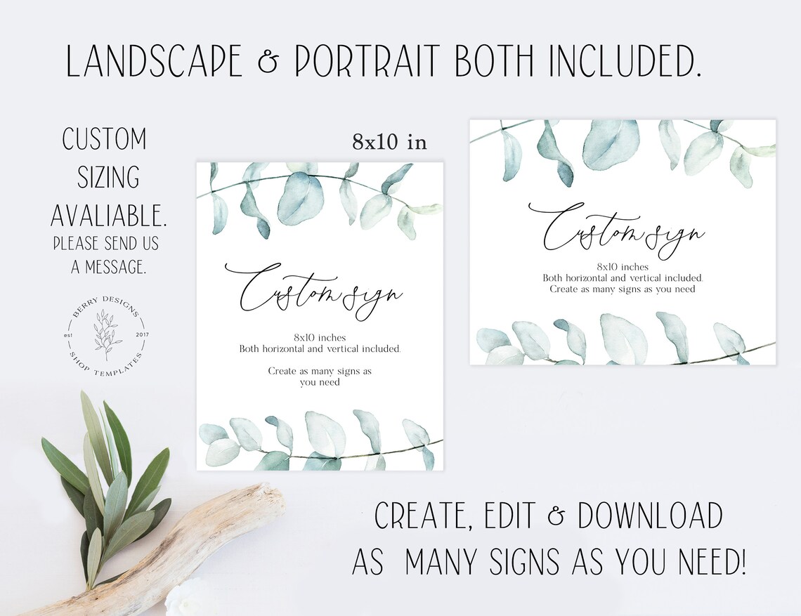 Eucalyptus Custom Sign Editable Template Watercolor Greenery - Etsy