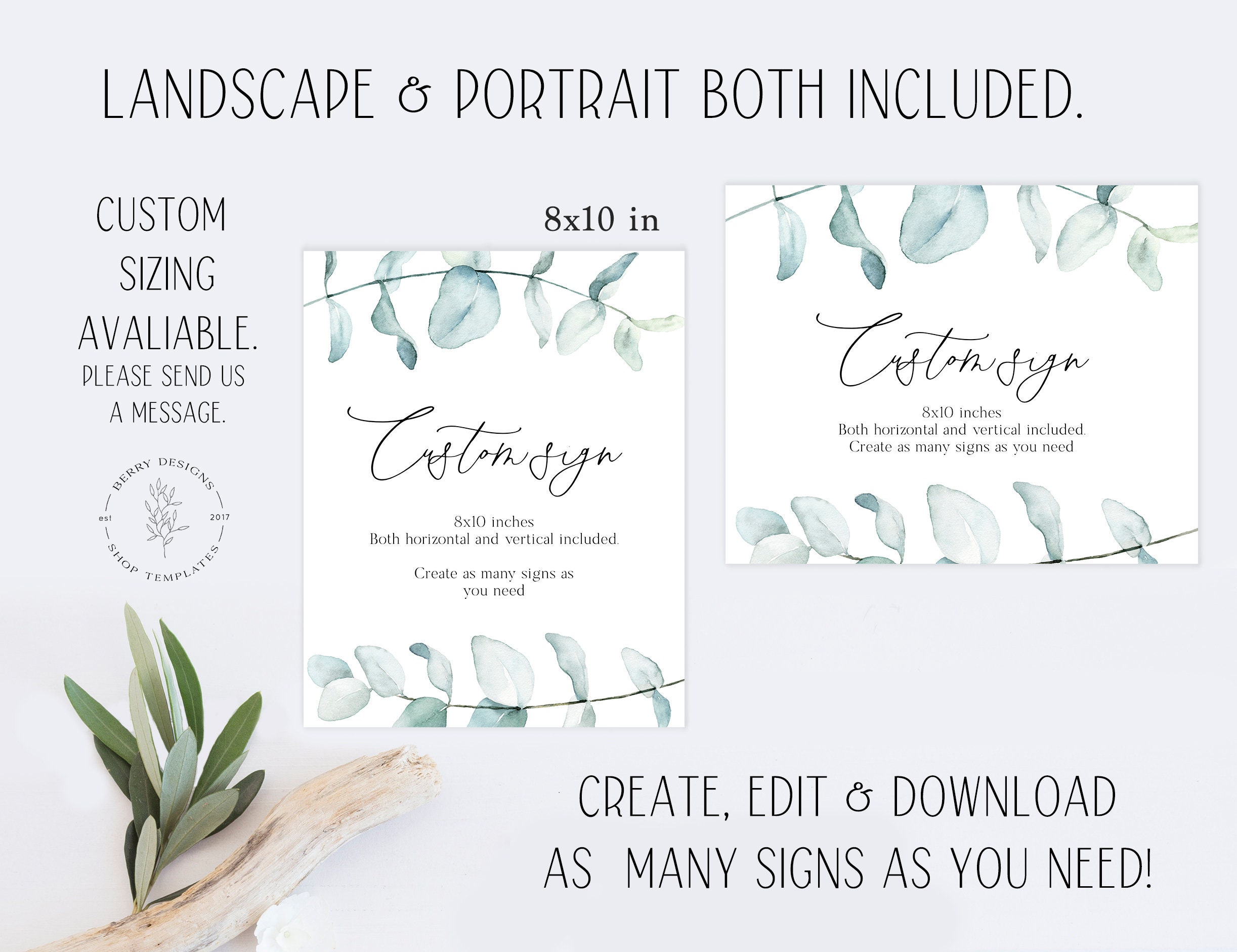 Eucalyptus Custom Sign Editable Template Watercolor Greenery - Etsy