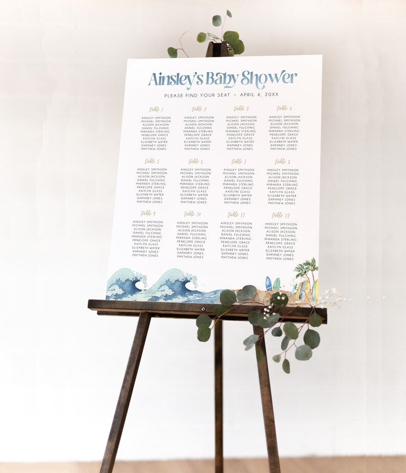 Baby on Board Editable Seating Chart, Surf Beach Baby Shower Seating ...