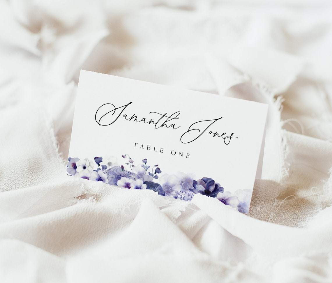 Purple Floral Place Cards Editable Template, Watercolor Purple Wedding ...