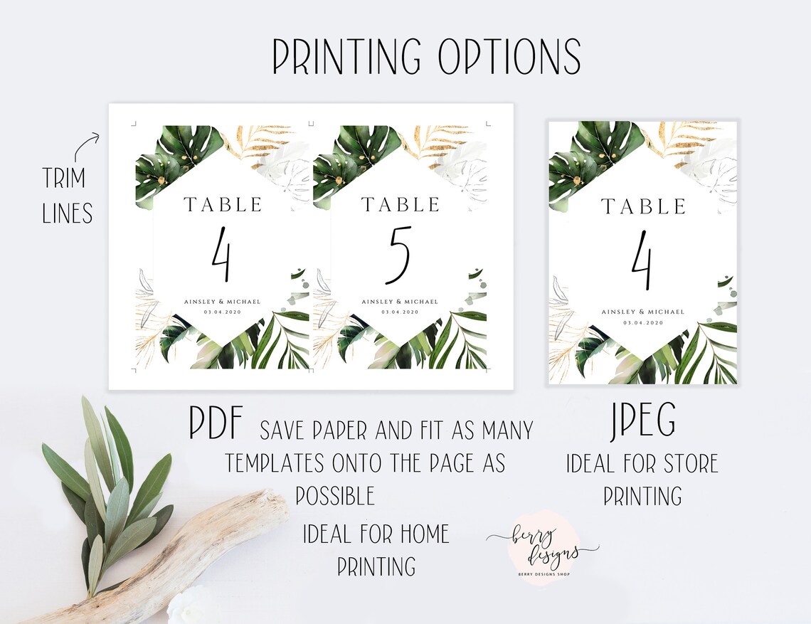 Tropical Greenery Editable Wedding Table Numbers Template, Instant ...