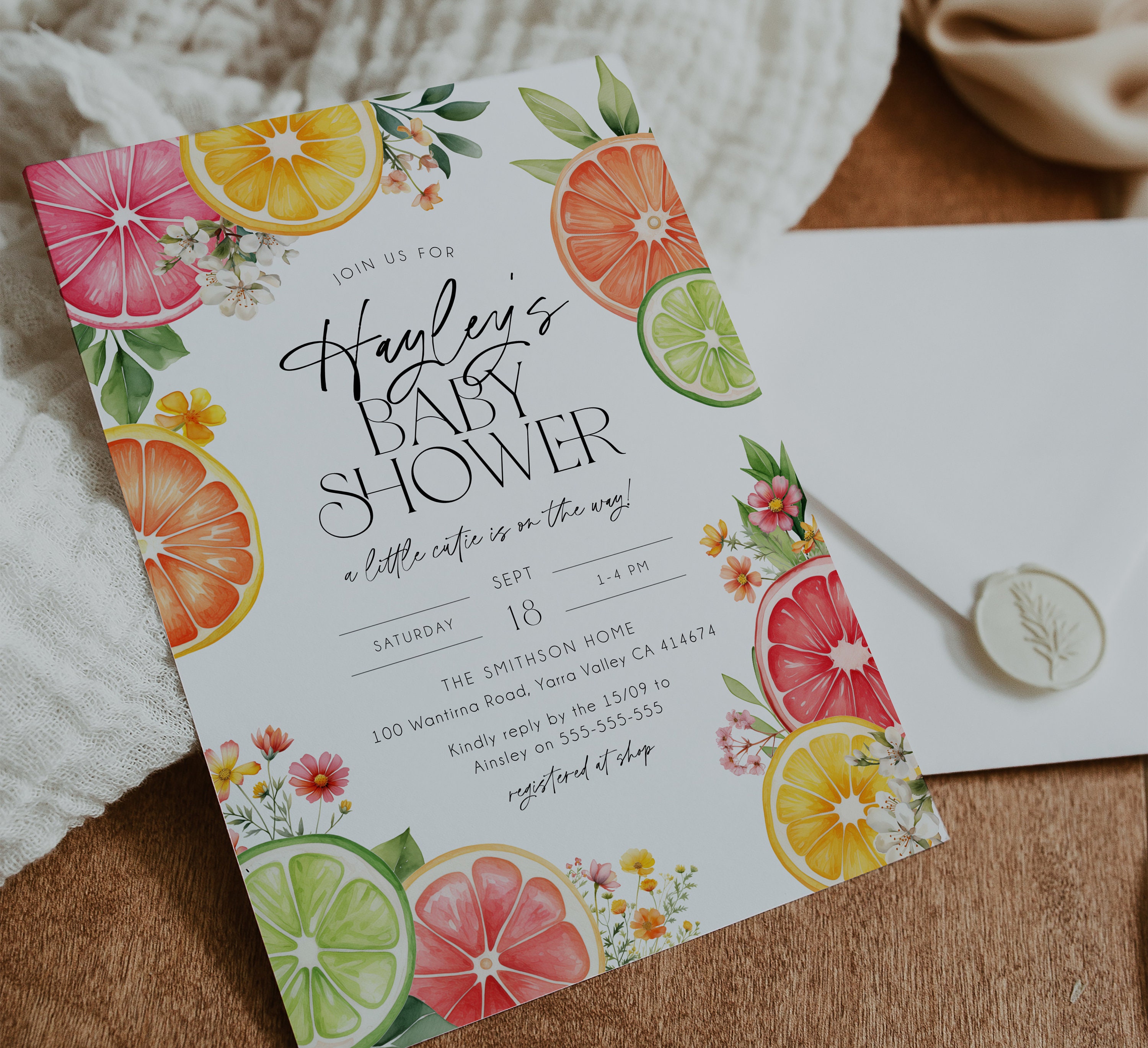 Citrus & Floral Baby Shower Editable Invitation, Little Cutie Baby ...
