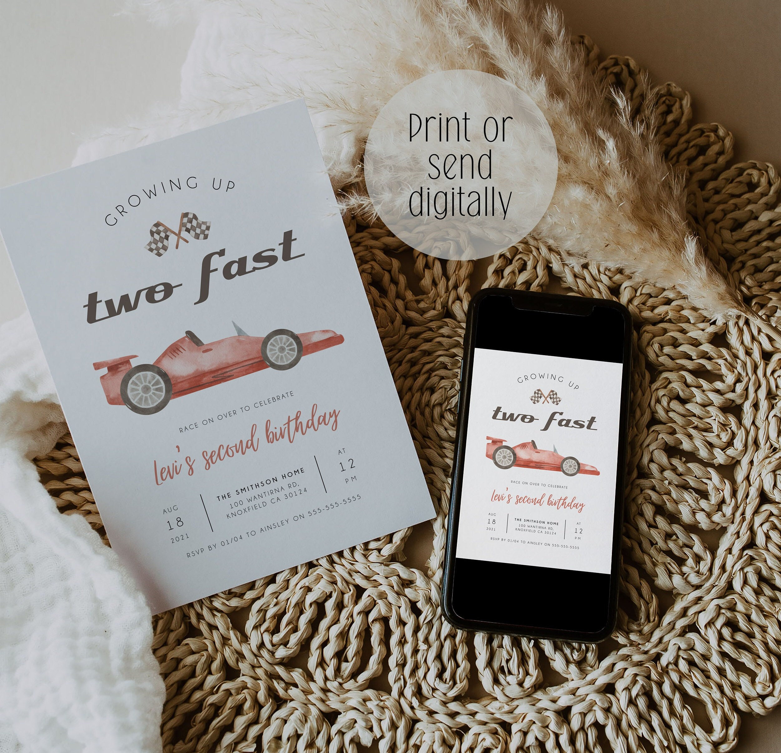 Growing up Two Fast Birthday Invitation Editable Red Race Car - Etsy