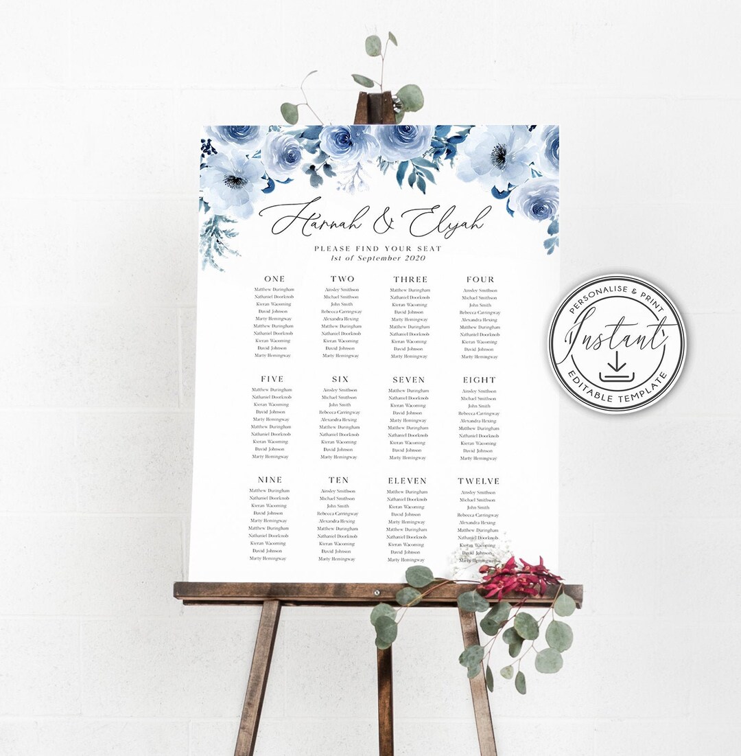 Dusty Blue Wedding Seating Chart, Wedding Seats Plan, Blue Floral Table ...