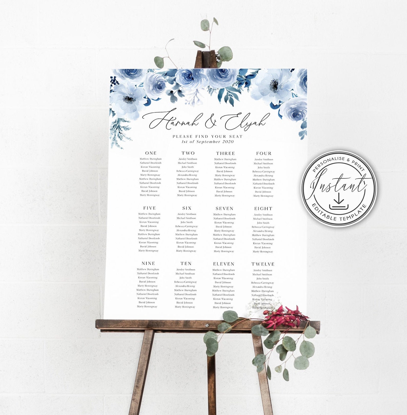 Dusty Blue Wedding Seating Chart, Wedding Seats Plan, Blue Floral Table ...