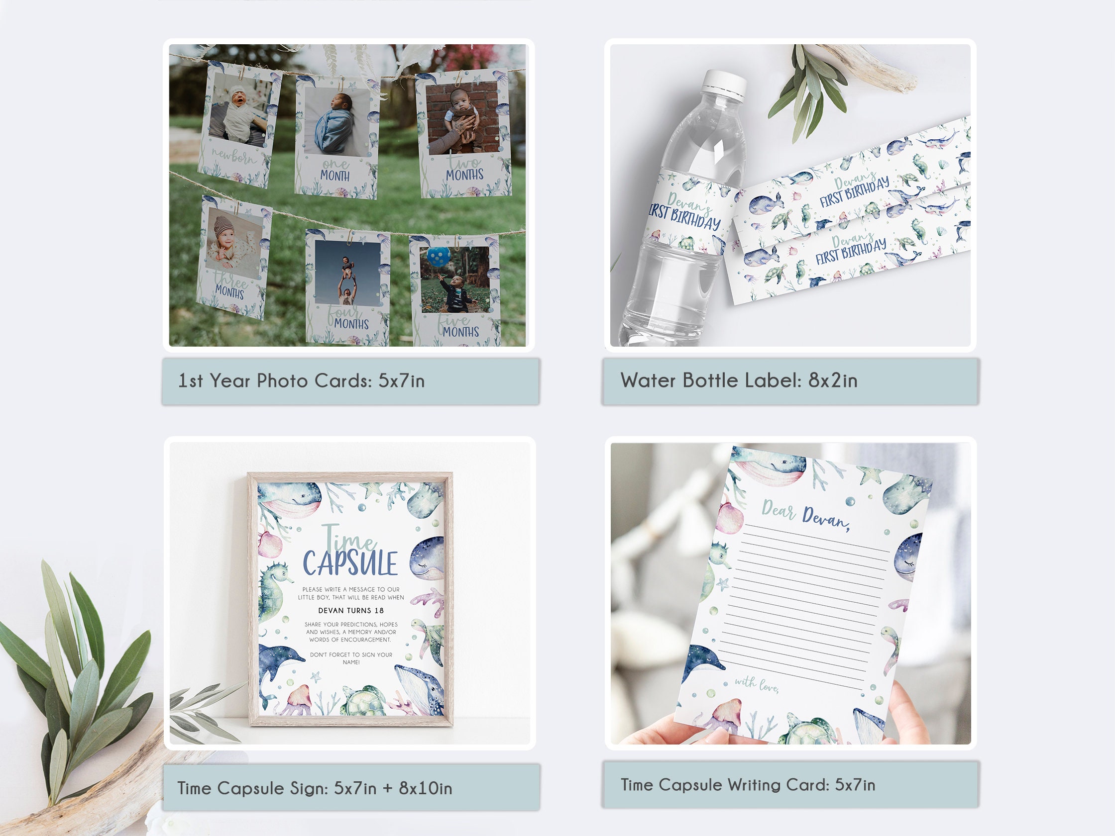 Ocean & Sea First Birthday Invitation Bundle, Ocean Themed Editable ...