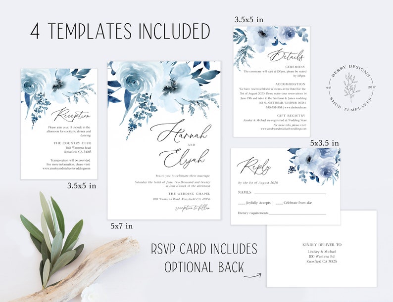 Dusty Blue Wedding Invitation Suite Editable Template Blue - Etsy