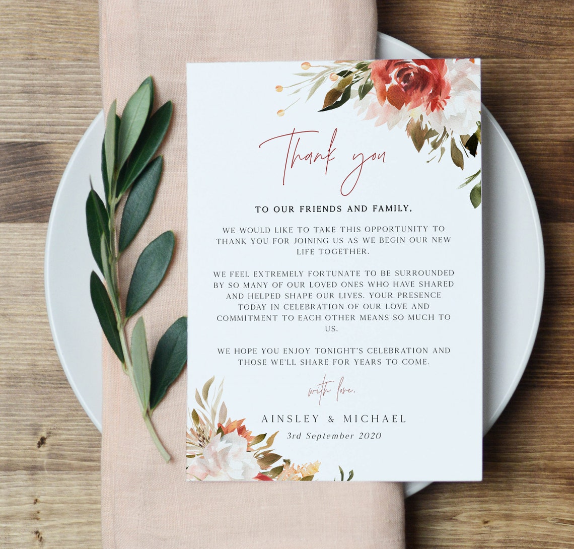 Rustic Fall Wedding Thank You Note Template, Boho Autumn Wedding Place ...