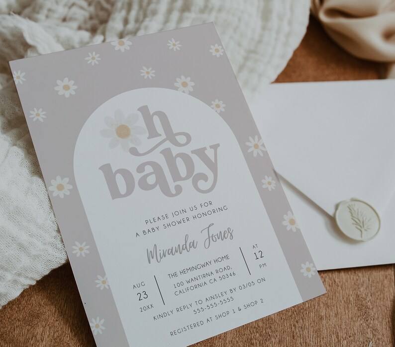 Daisy Baby Shower Invitation Template, Oh Baby Daisy Flower Editable ...