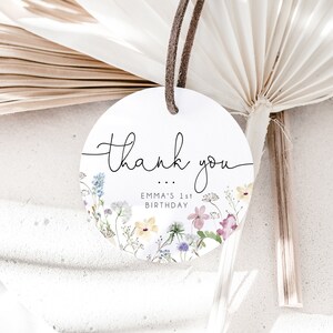 Wildflower Round Thank You Gift Tag, Wildflower Girls Birthday Circle ...