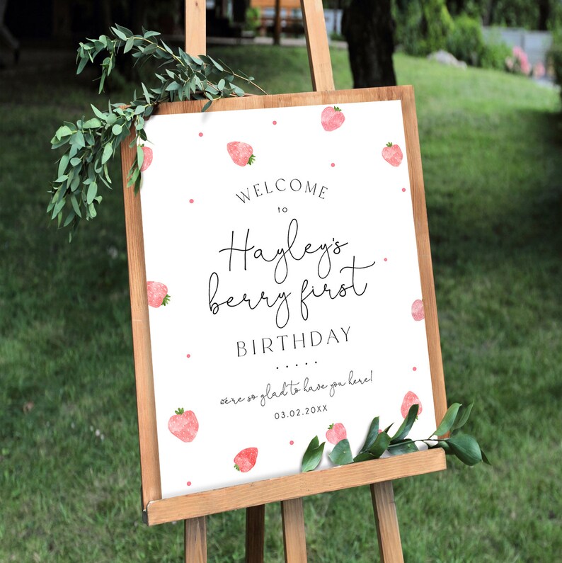 Strawberry Welcome Sign Template Berry First Birthday Welcome | Etsy