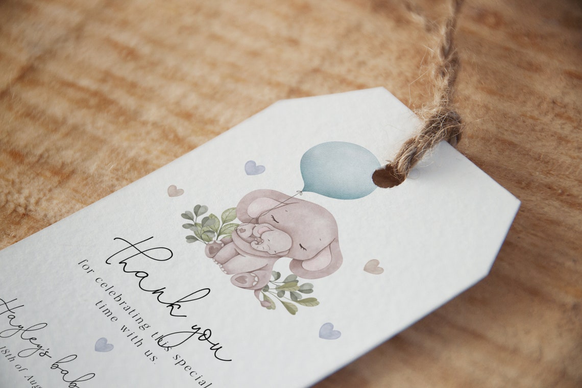 Blue Elephant Gift Tag Template, Blue Balloon Elephant Thank You Favor ...