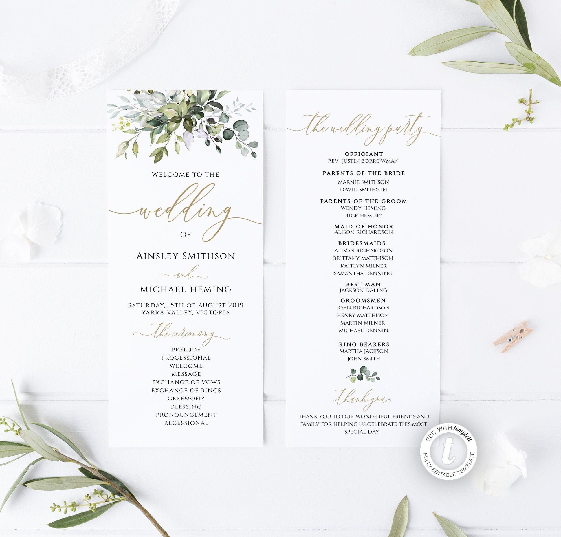 Greenery Wedding Program Editable Template Bohemian Instant | Etsy