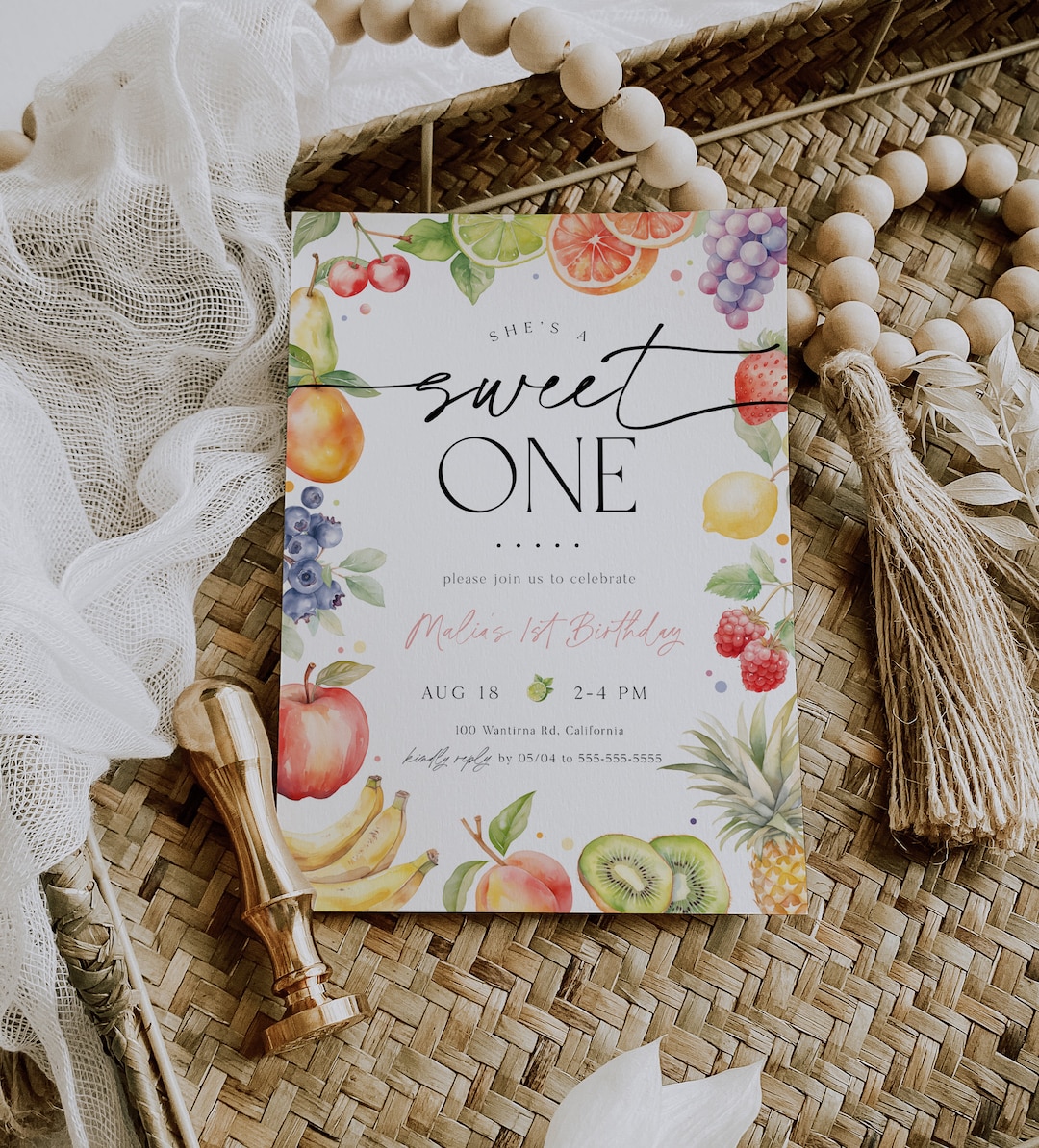 Sweet One 1st Birthday Invitation, Fruit Themed First Birthday Invite ...