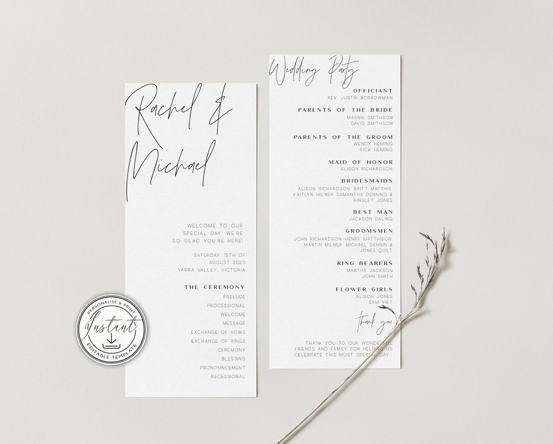 Minimalist Wedding Program Editable Template Modern Wedding - Etsy