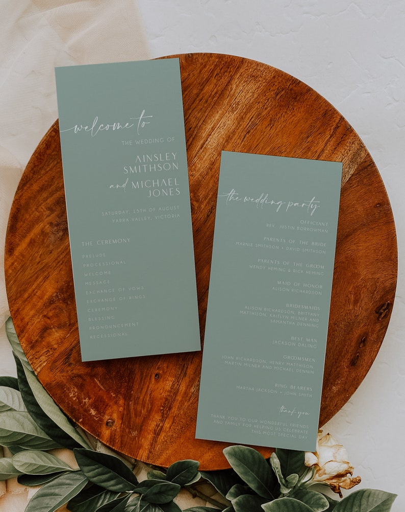 Green Minimalist Wedding Program Editable Template Modern | Etsy