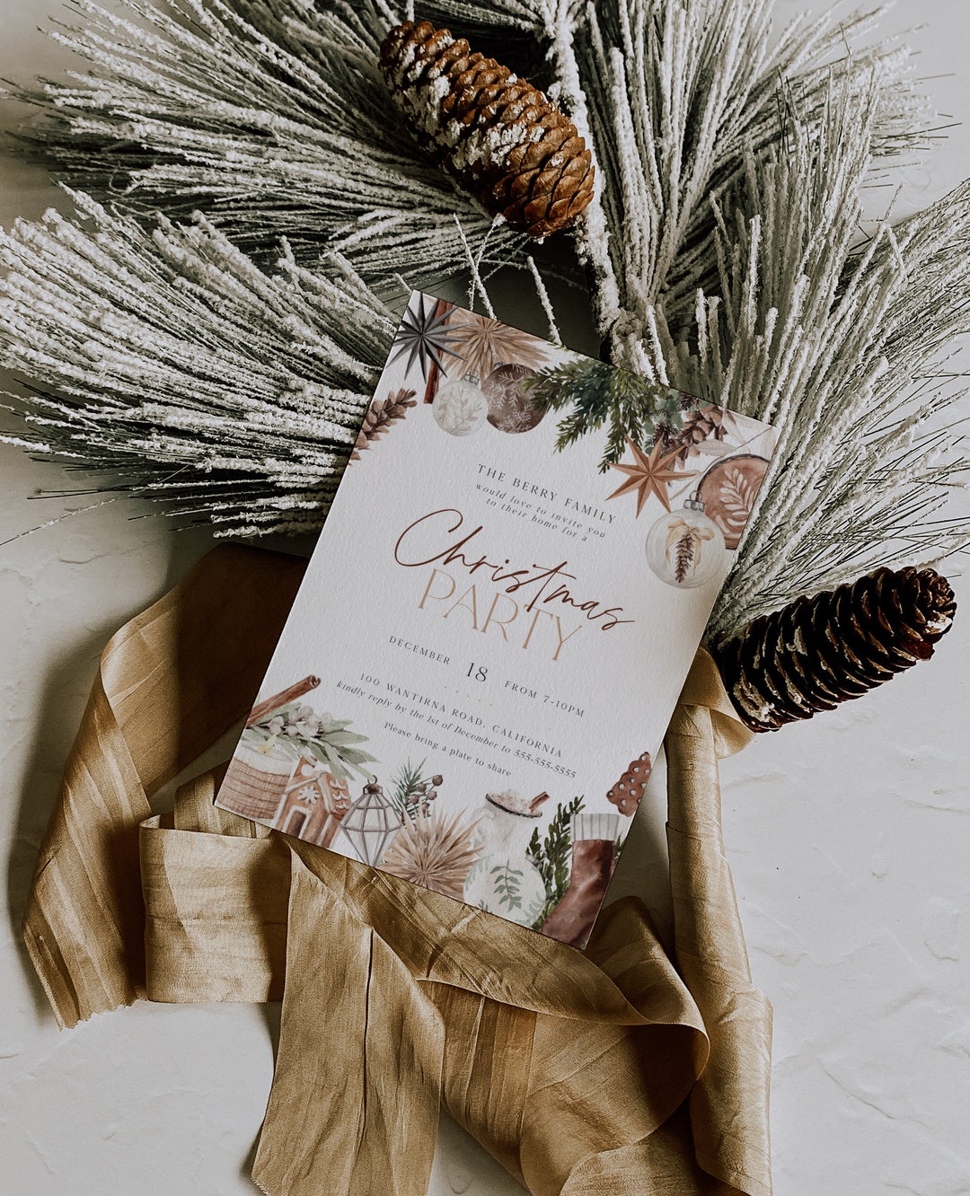 Beige Holiday Christmas Party Invitation, Modern Christmas Tree ...