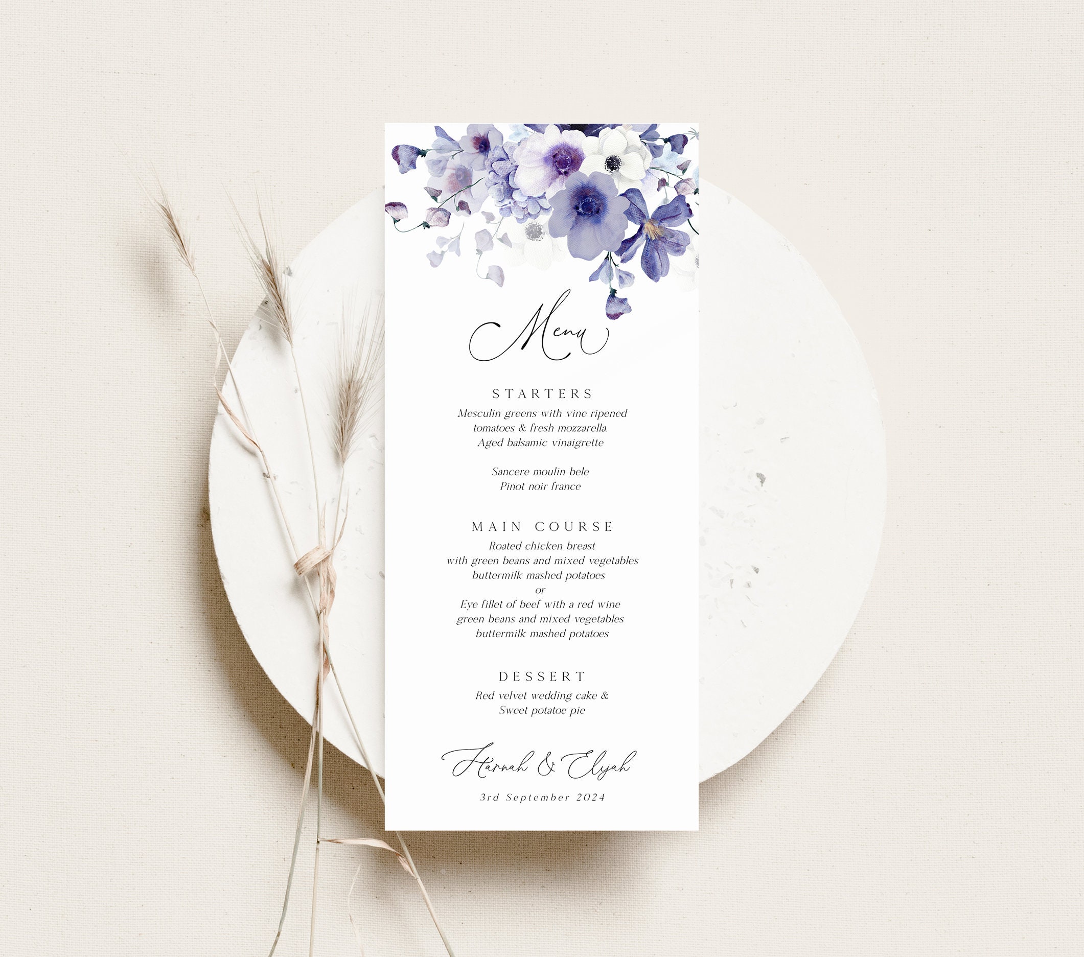 Purple Floral Wedding Menu Template, Lavender Floral Editable Menu ...