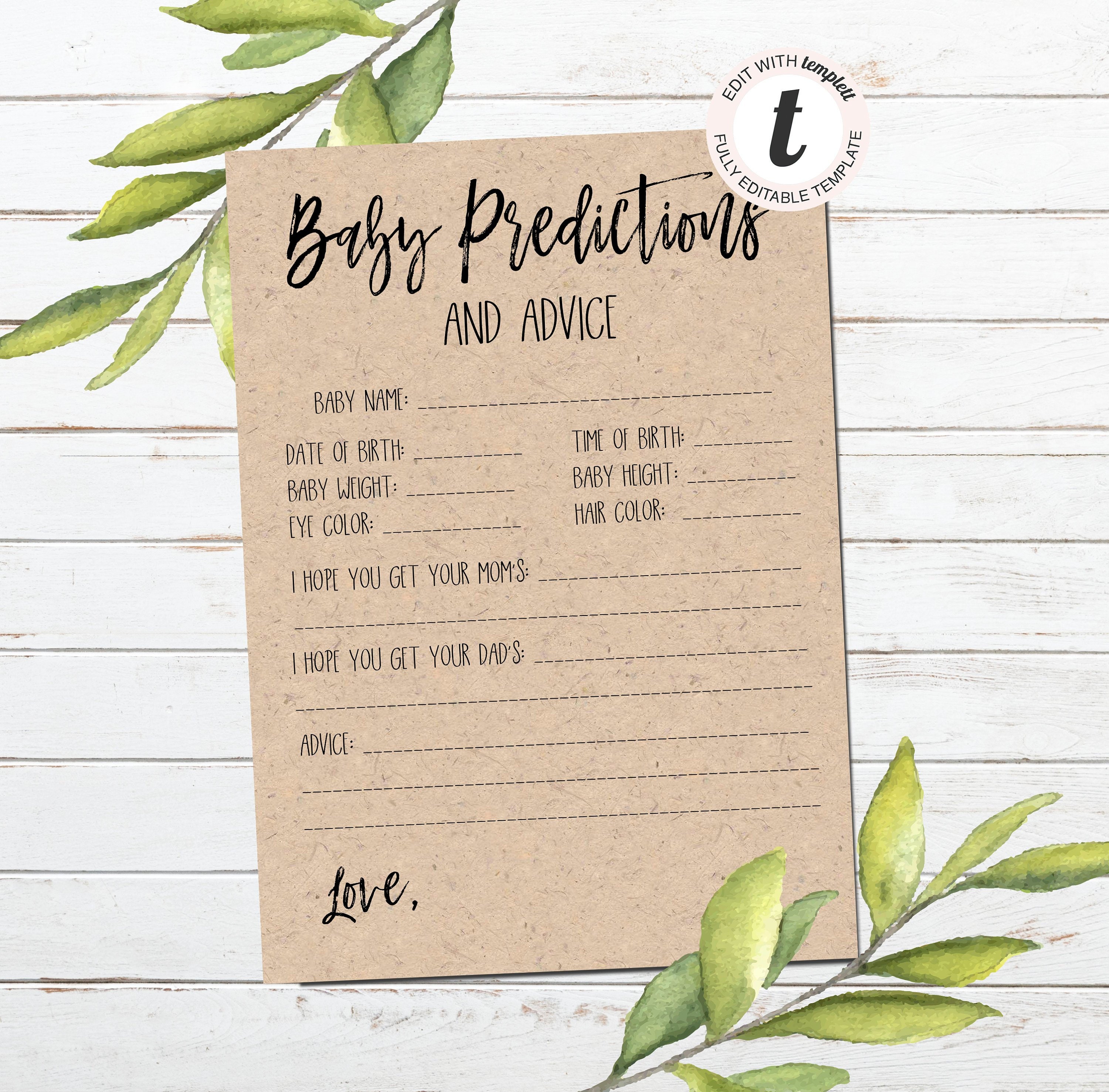 Baby Predictions & Advice Editable Template Baby Shower Game - Etsy