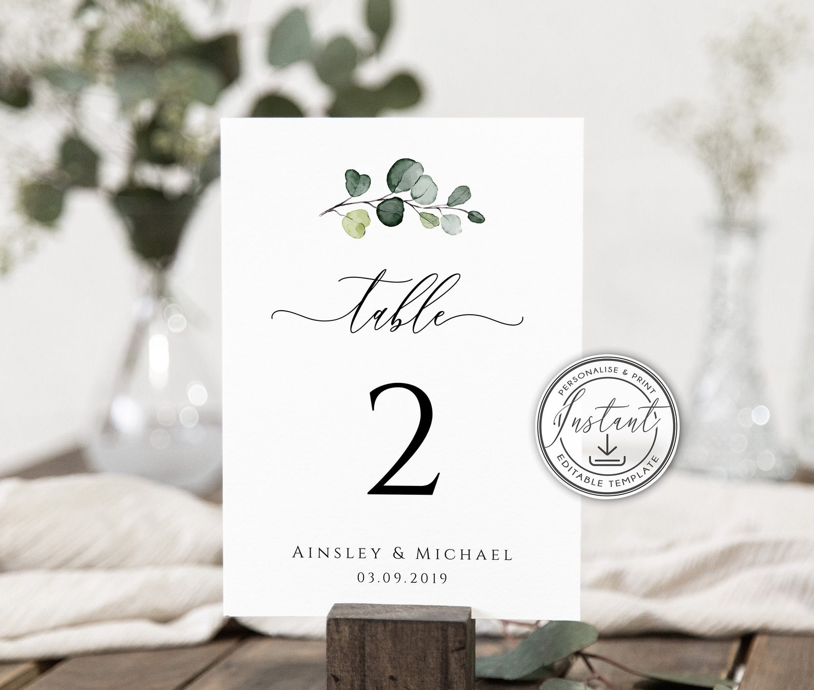 Eucalyptus Wedding Editable Table Numbers Template, Watercolor Greenery ...