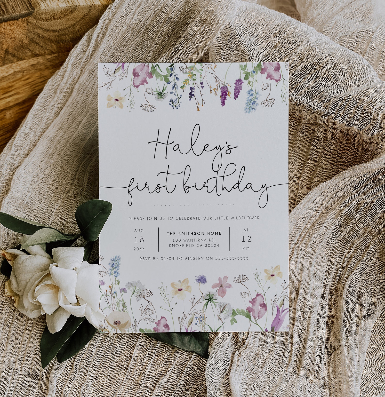Wildflower Girls Birthday Flower Invitation, Wildflower First Birthday ...