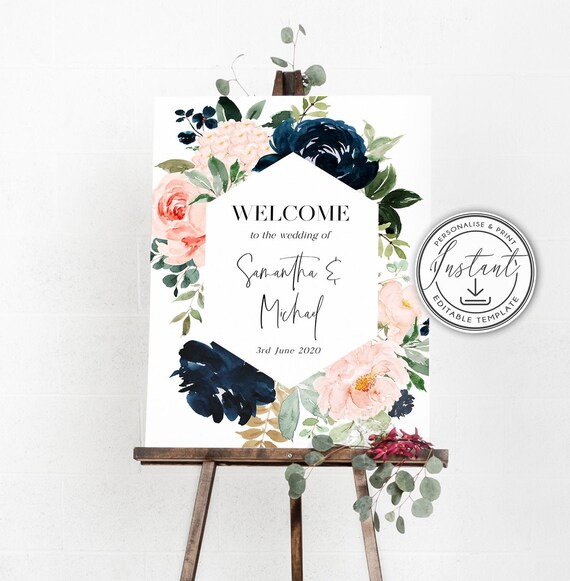 Navy & Blush Wedding Welcome Sign Editable Template Rustic - Etsy