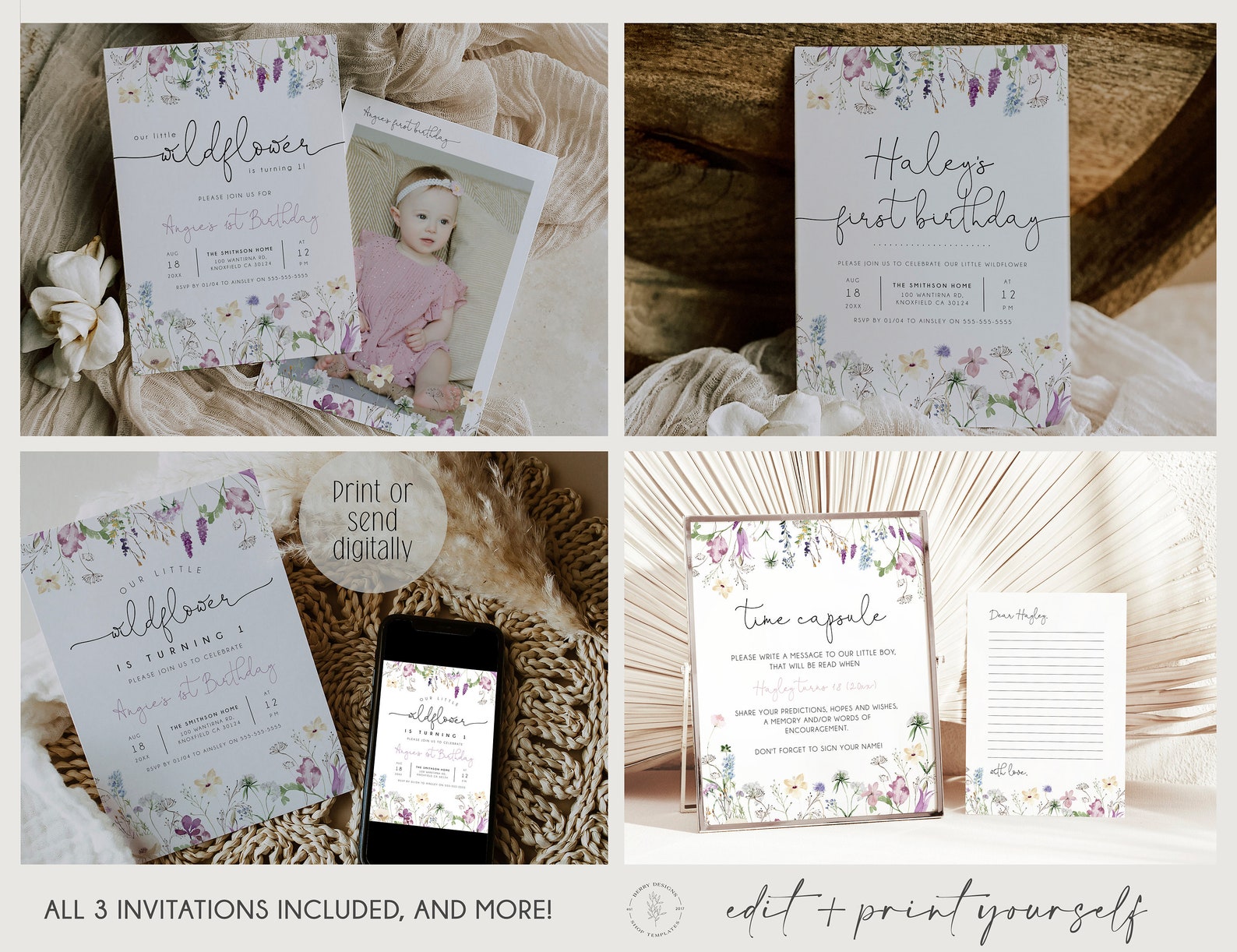 Girls First Birthday Invitation Bundle, Wildflower Birthday Invitation ...