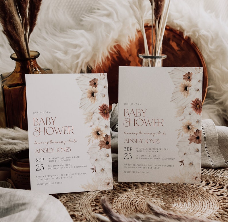 Boho Floral Baby Shower Invitation – Editable Beige & Terracotta ...